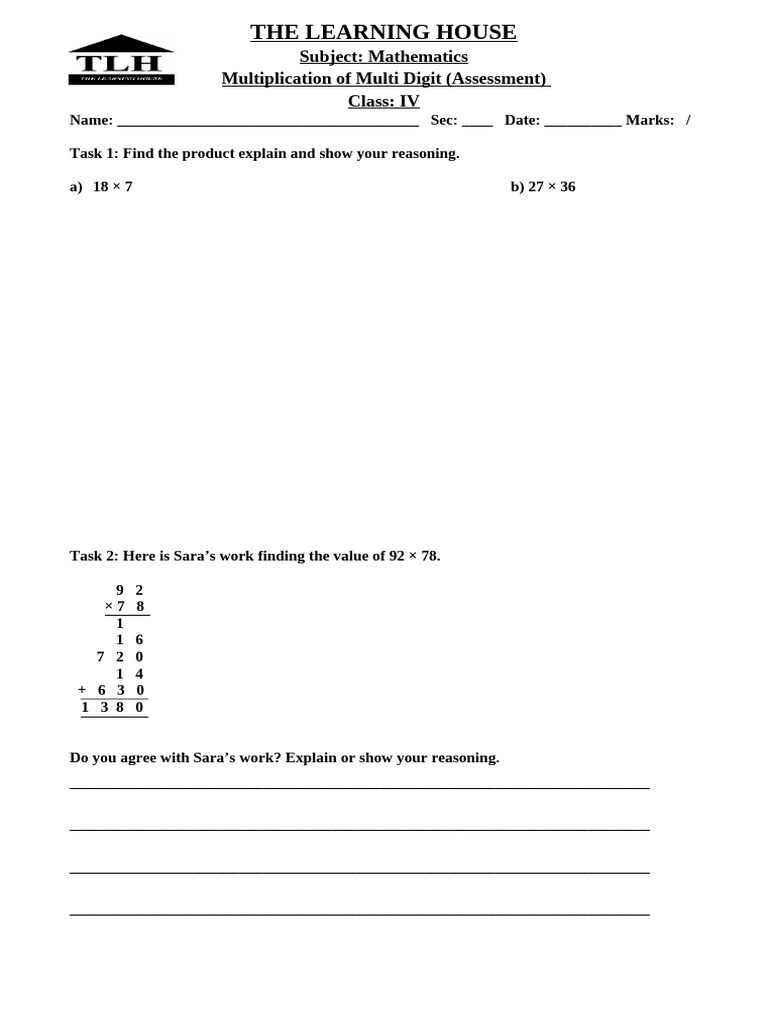 Multi-Digit Multiplication Assessment IV | PDF