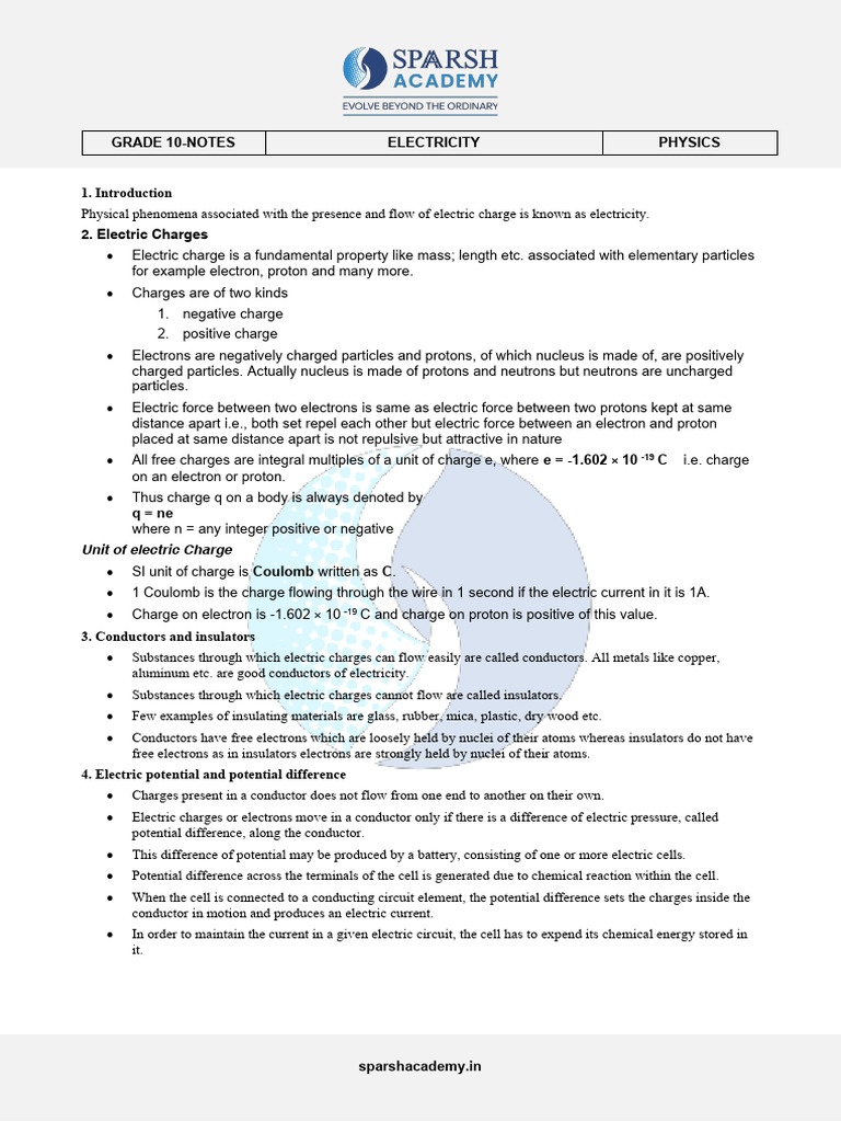 C10 Phy NOTES-2 Electricity | PDF | Electric Charge | Voltage