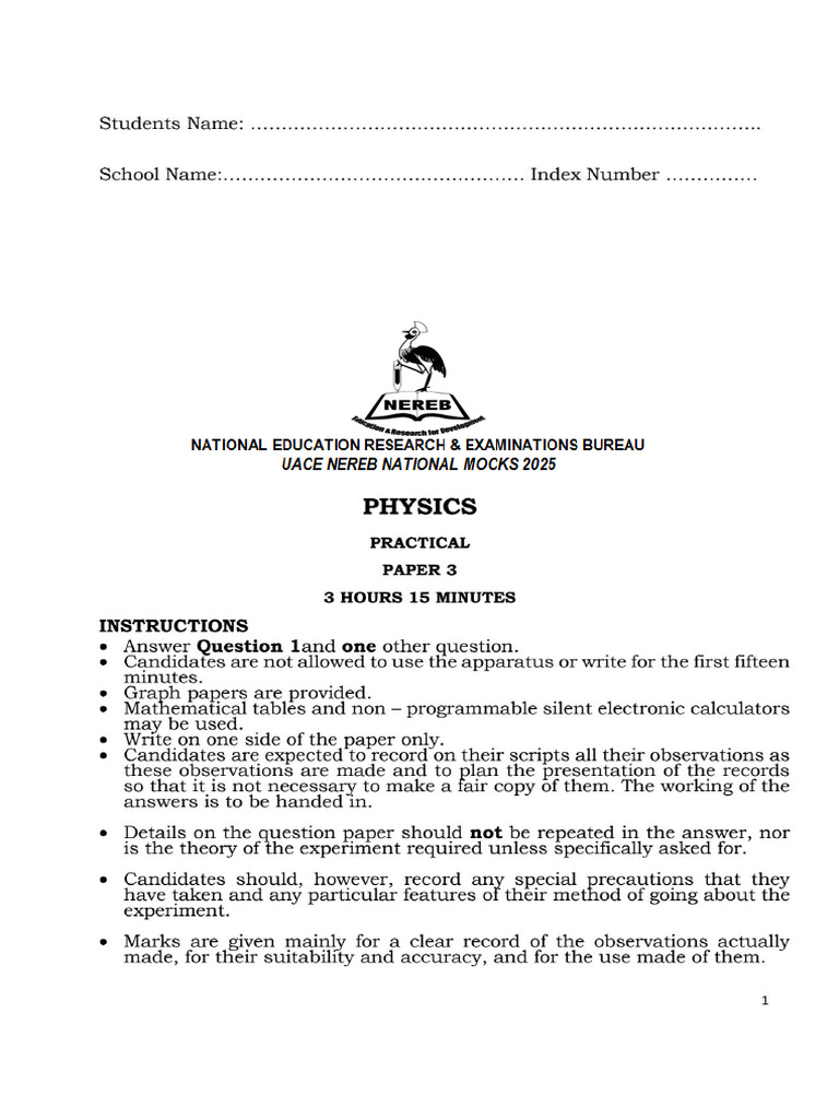 s6 Physics Paper 3 Nereb Mocks 2025 | PDF