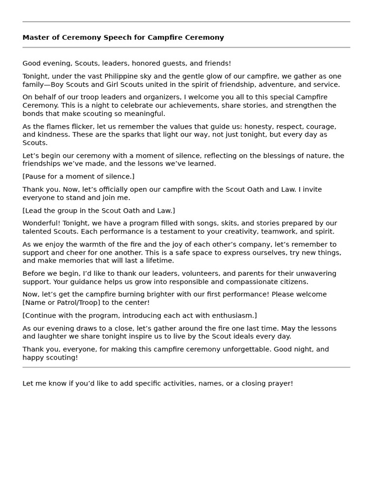 Master of Ceremony Speech For Campfire Ceremony | PDF