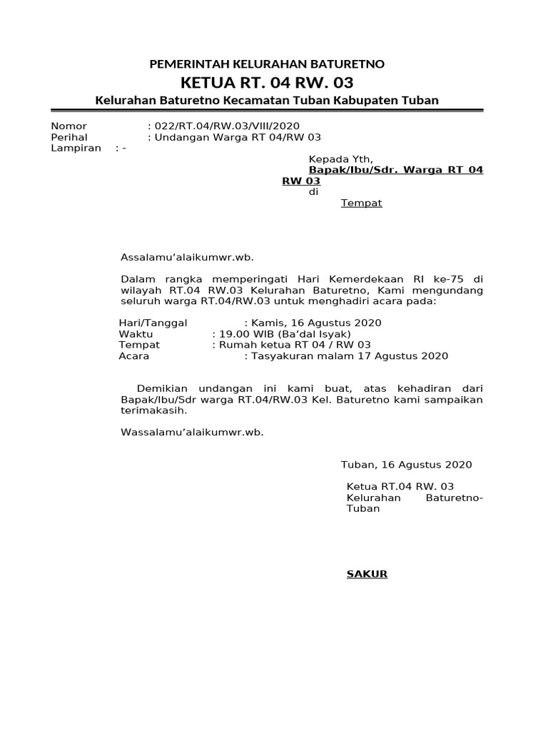 Undangan Tasyakuran 17 Agustus RT 04 | PDF