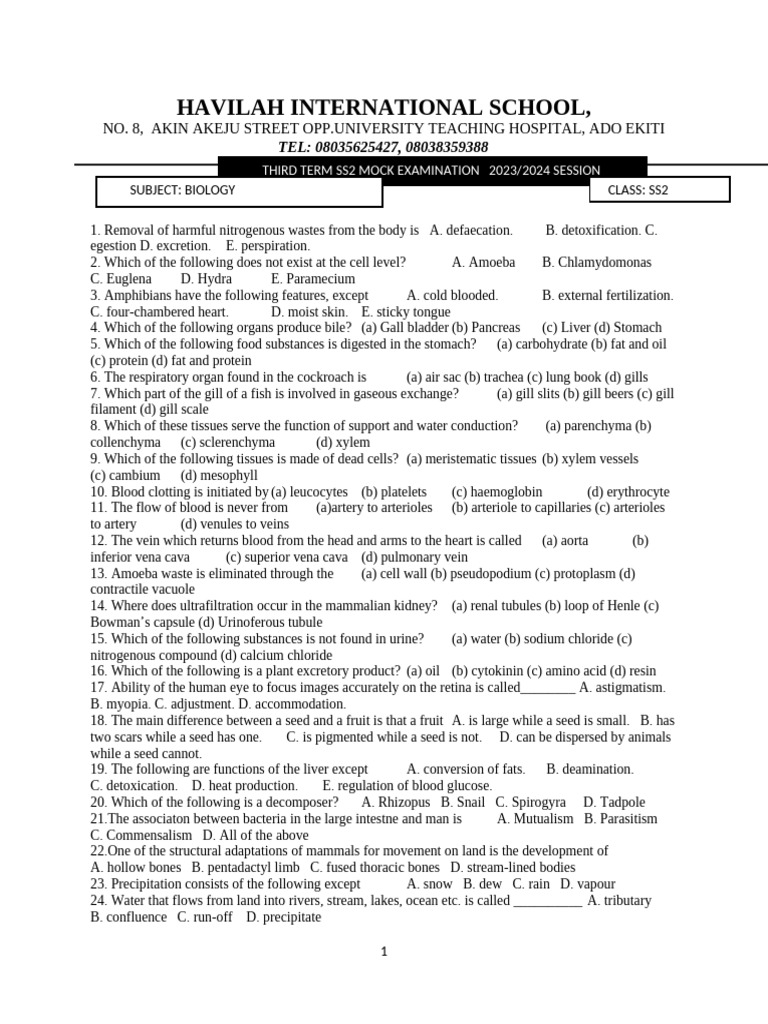 Biology Ss2 Mock Examination | PDF | Kidney | Vein