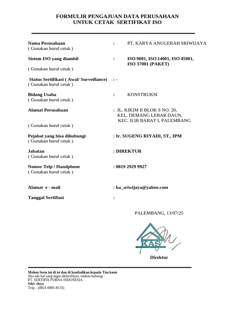 Form Cetak Sertifikat ISO | PDF