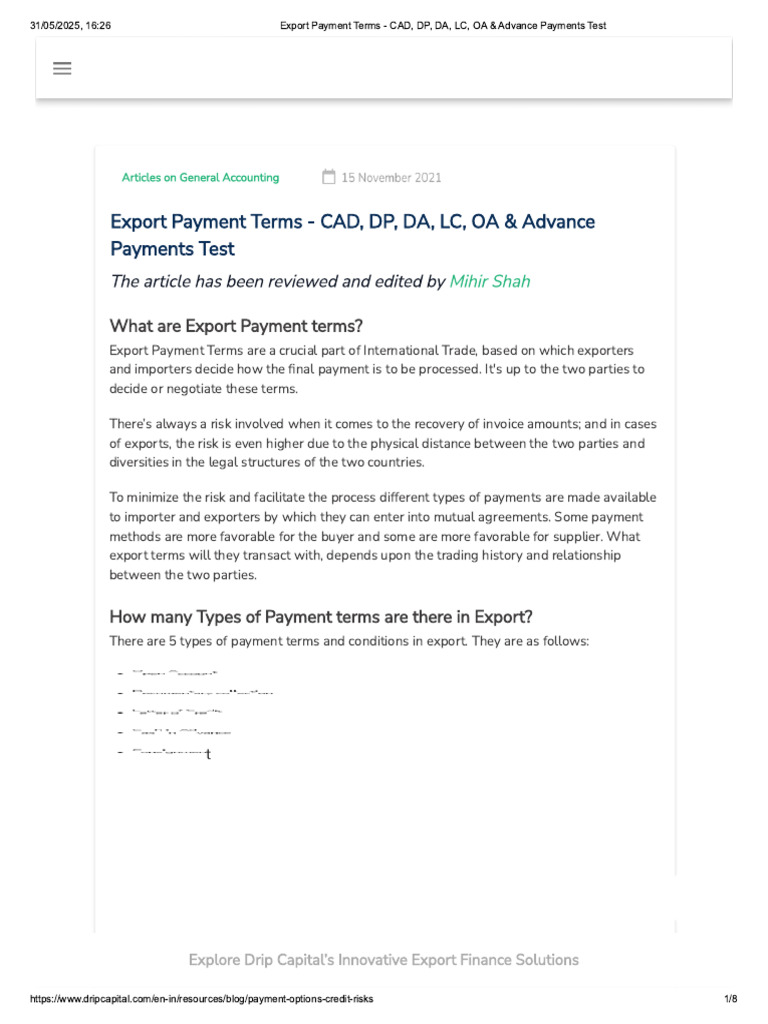 Export Payment Terms - CAD, DP, DA, LC, OA & Advance Payments Test | PDF