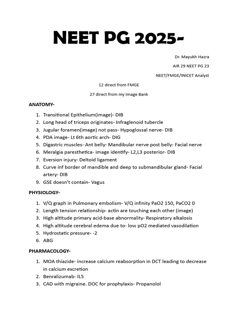 NEET PG 2025 Recall Ultimate | PDF | Childbirth | Diseases And Disorders