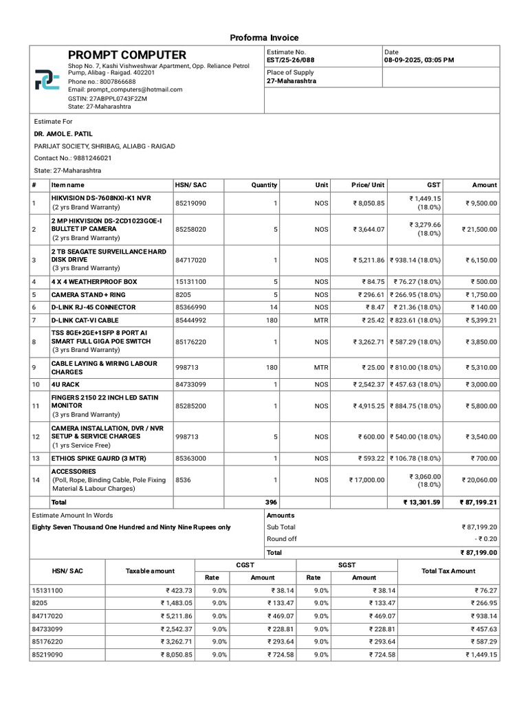 Proforma Invoice for CCTV Equipment | PDF