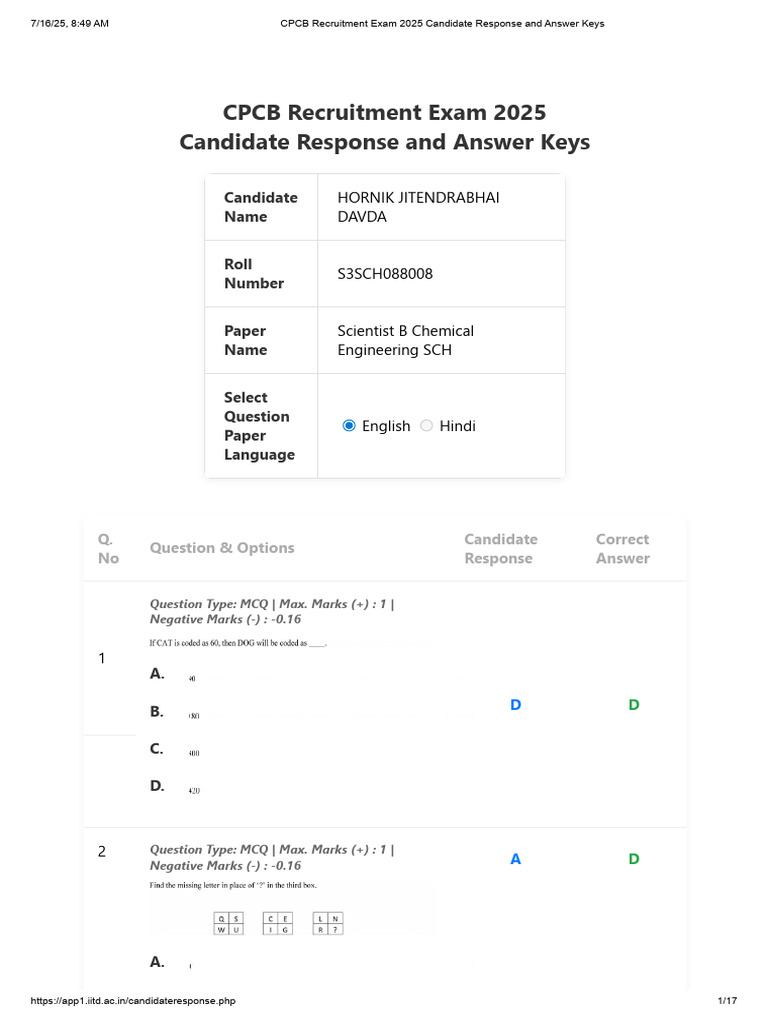 CPCB Recruitment Exam 2025 | PDF | Multiple Choice | Question