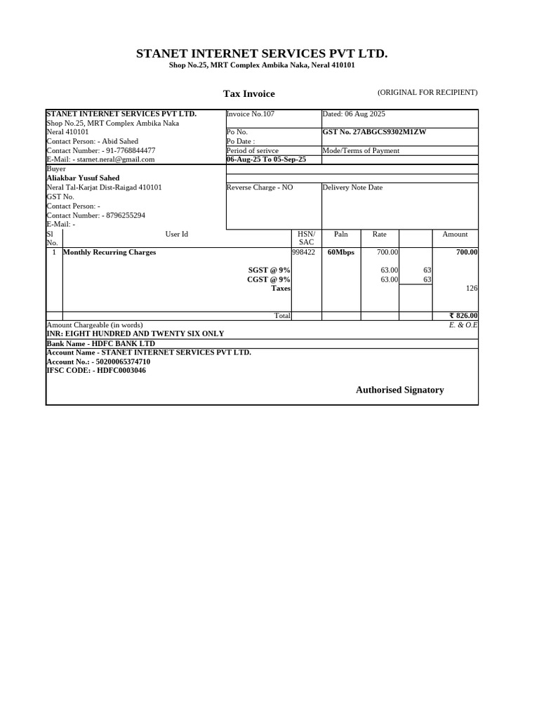 Stanet Internet Services Invoice 107 | PDF