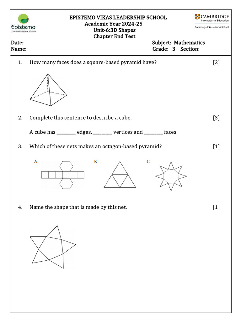 3D Shapes Test for Grade 3 Math | PDF
