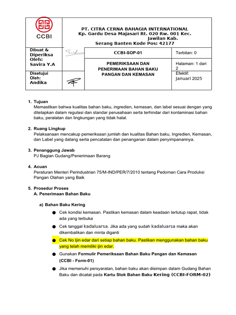 SOP-01-Pemeriksaan Dan Penerimaan Bahan Baku Pangan Dan Kemasan (1) | PDF