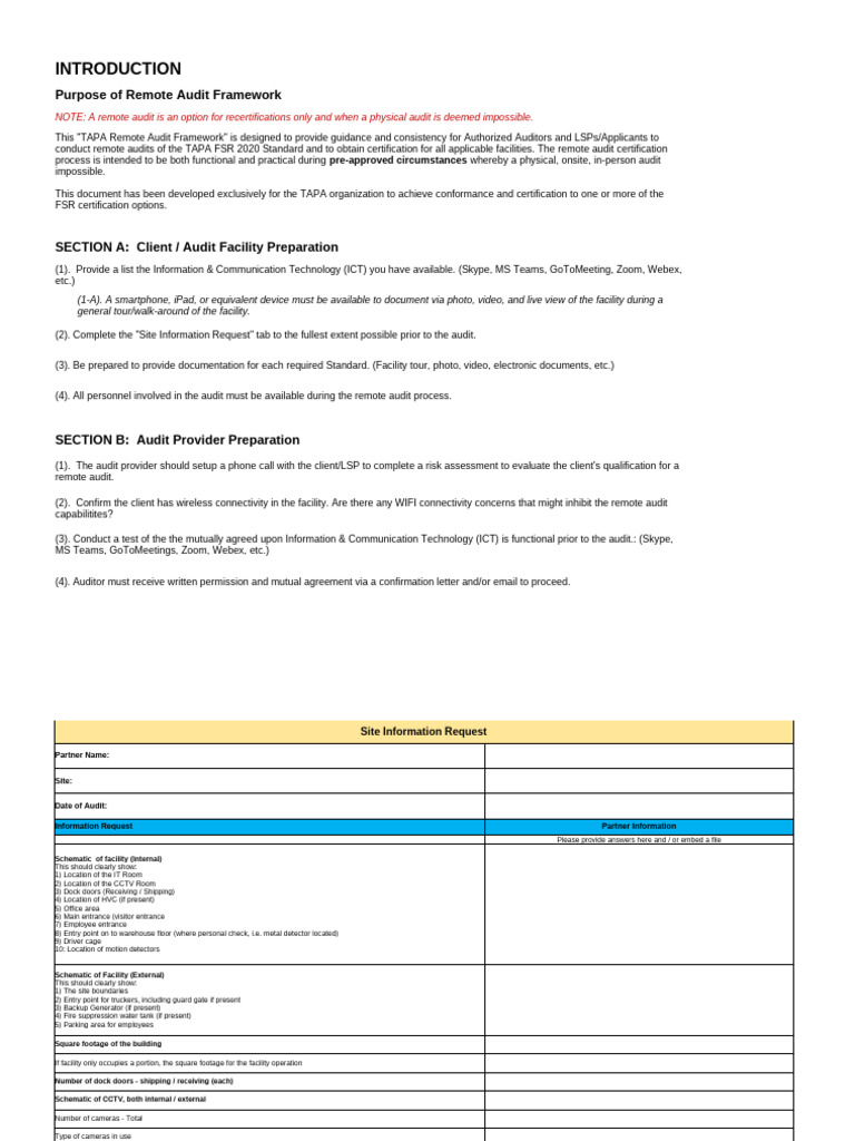 2020 TAPA FSR Remote Audit Form | PDF | Computer Security | Security