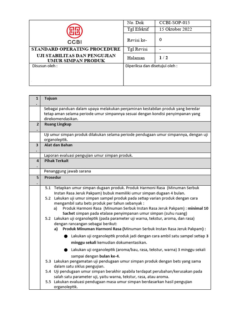 SOP Uji Stabilitas Dan Umur Simpan CCBI | PDF
