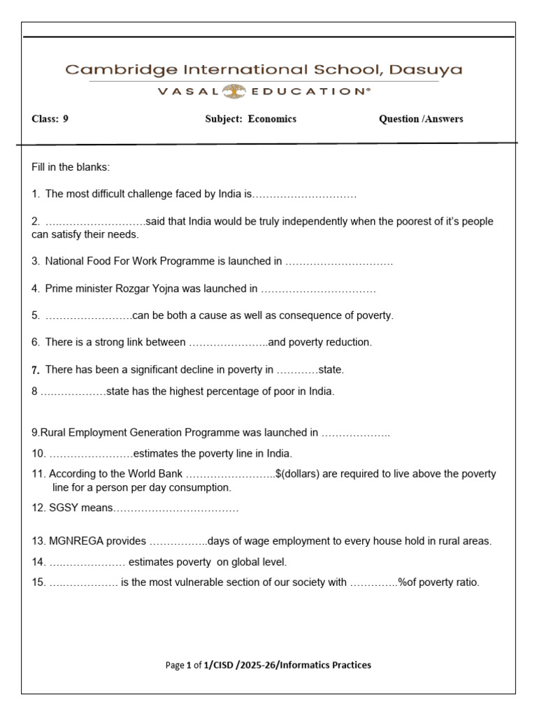 CH3 Poverty Worksheet | PDF