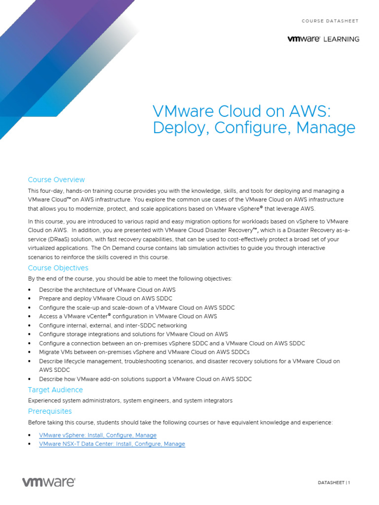 EDU_DATASHEET VMware Cloud on AWS Deploy Configure and Manage 20211 | PDF | Cloud Computing ...