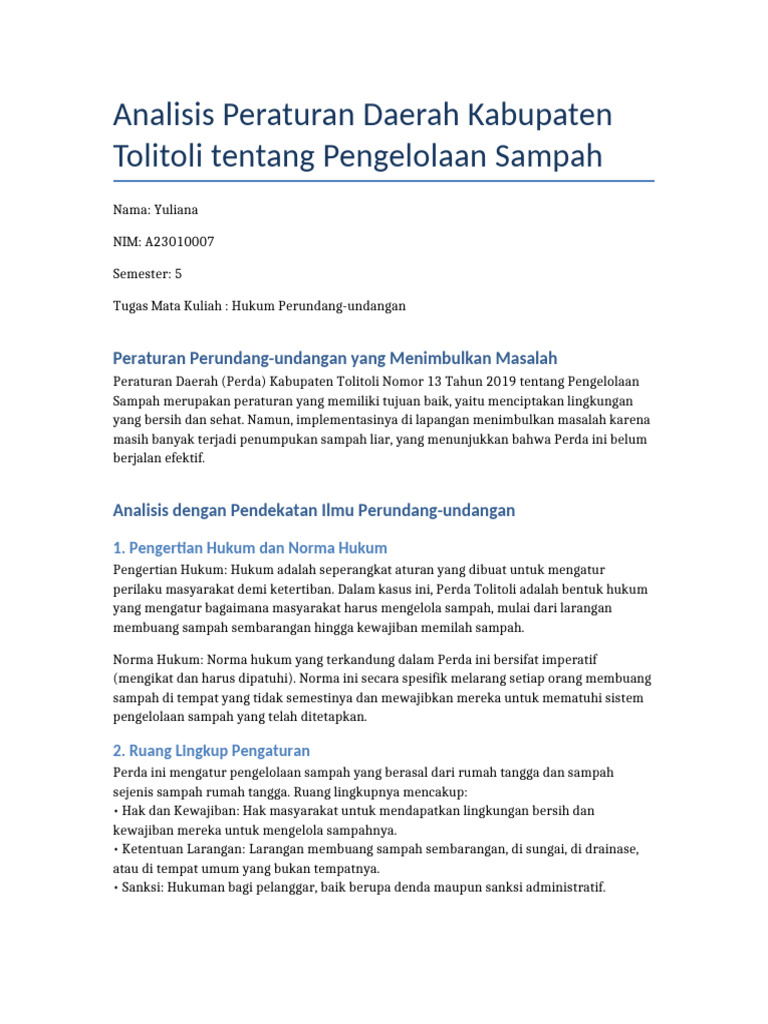 Analisis Perda Pengelolaan Sampah Tolitoli. | PDF