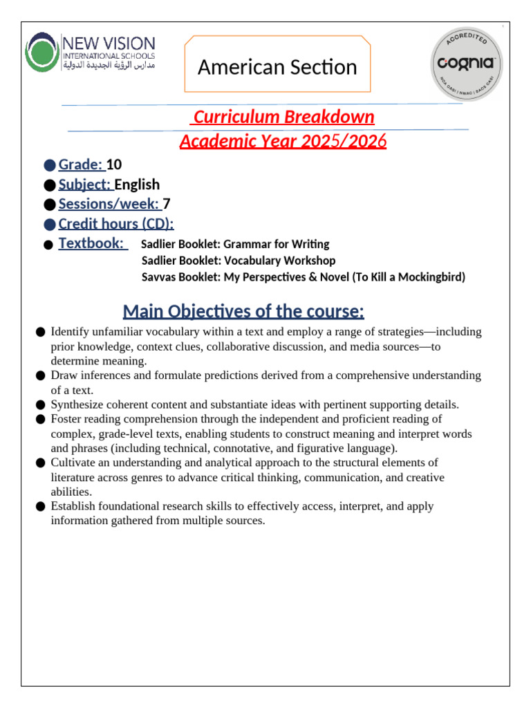 G.10 Tr.1 Curriculum Breakdown2025-2026 | PDF | Language Mechanics | Linguistics