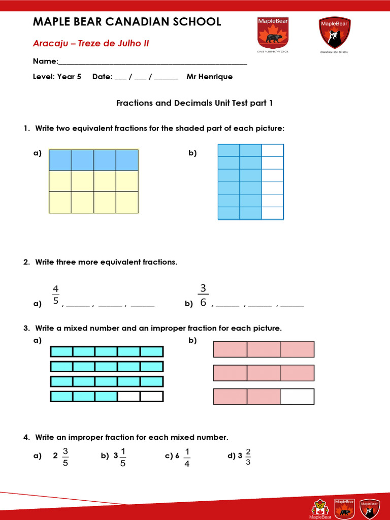 Year 5 Fractions and Decimals Test | PDF