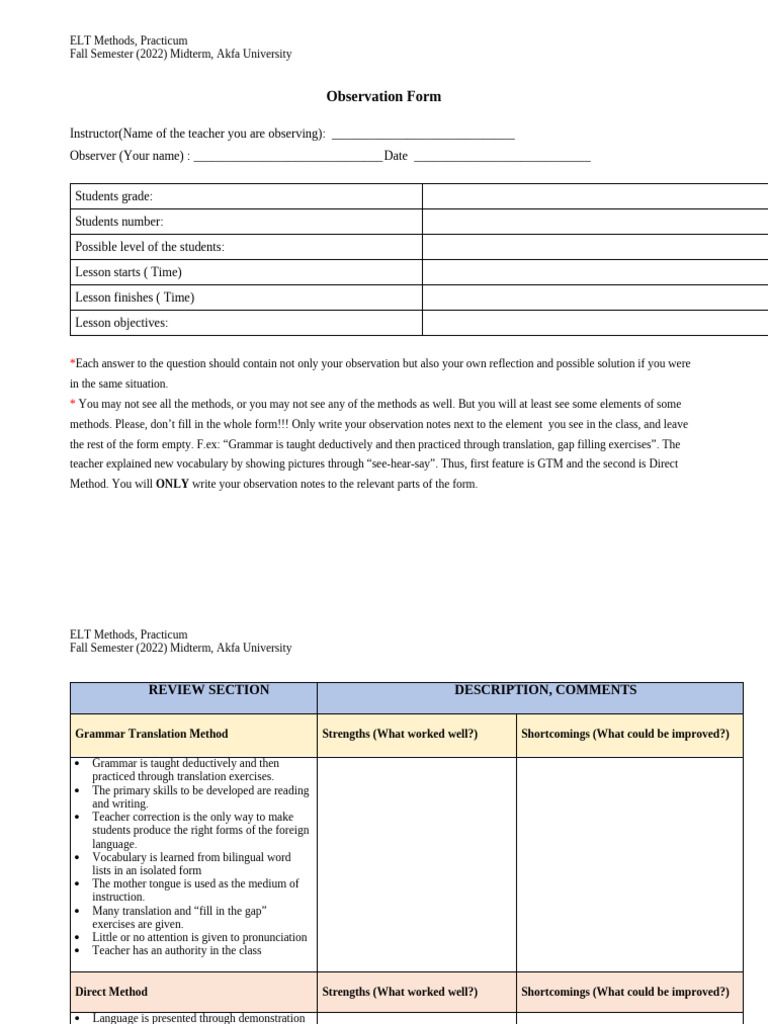 ELT Methods Observation Form Guide | PDF | Human Communication | Learning
