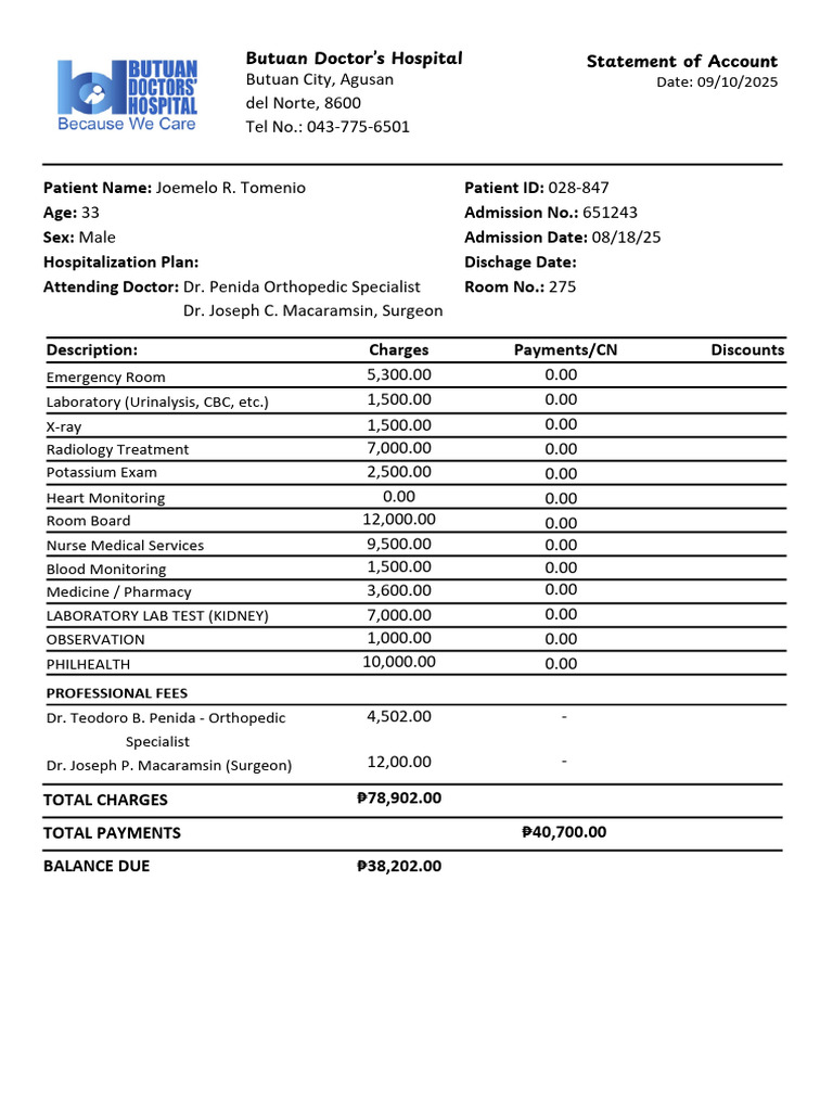 Patient Account Summary for Joemelo Tomenio | PDF