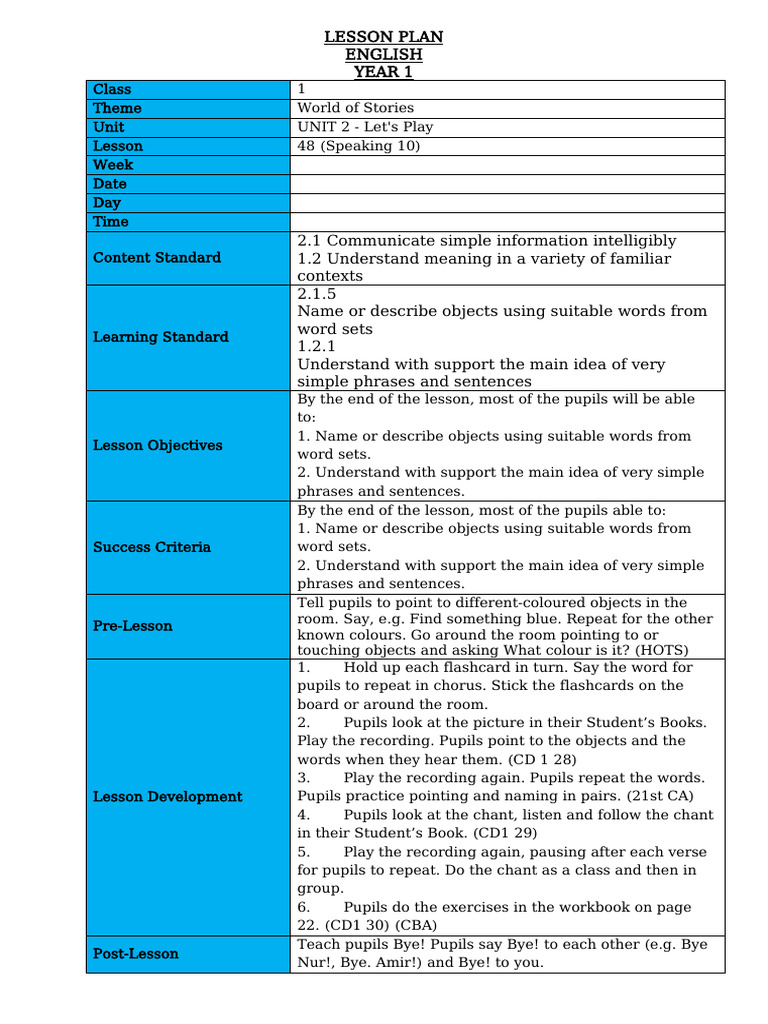 RPH English Year 1 Unit 2 | PDF | Lesson Plan | Teachers
