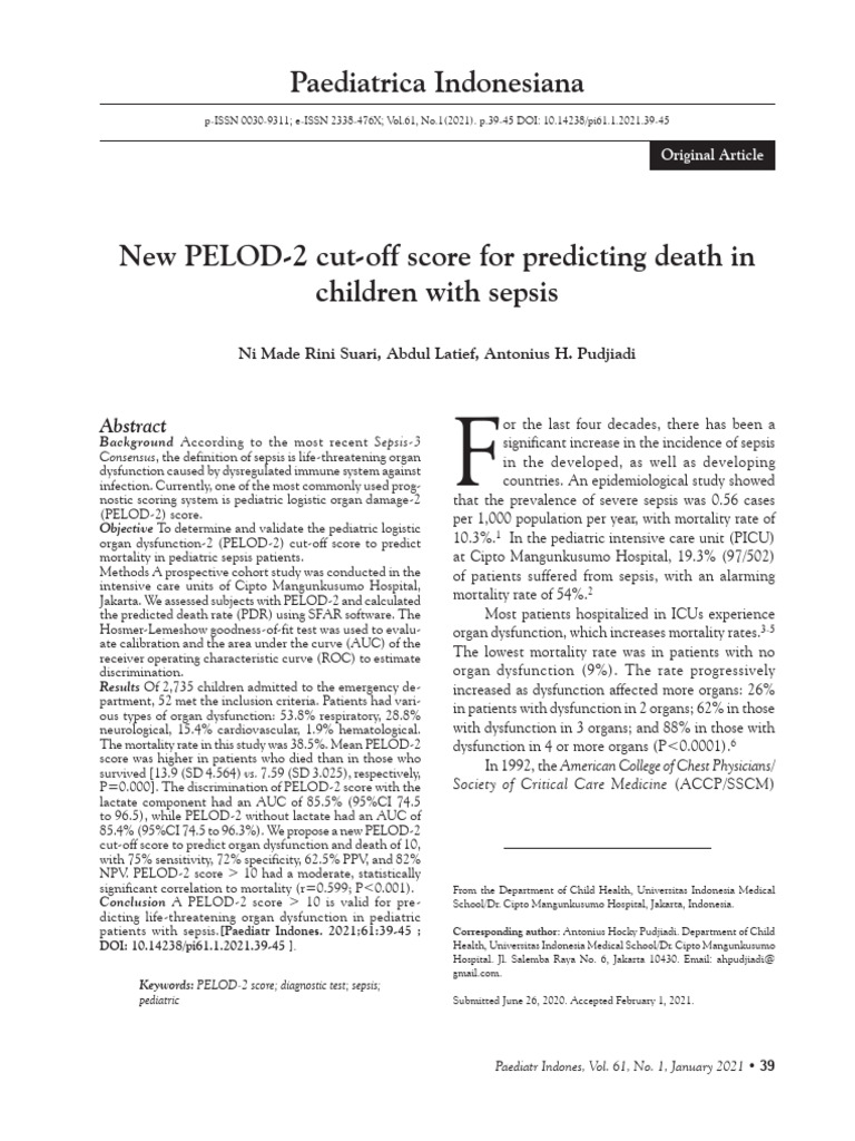 New PELOD-2 Cut-Off Score For Predicting Death in | PDF | Sepsis ...