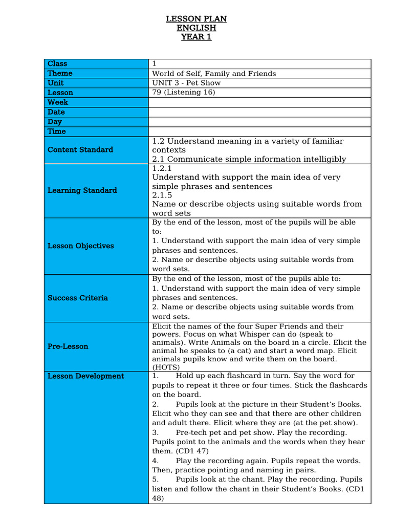 Year 1 English Lesson Plan: Pet Show | PDF | Lesson Plan | Teachers