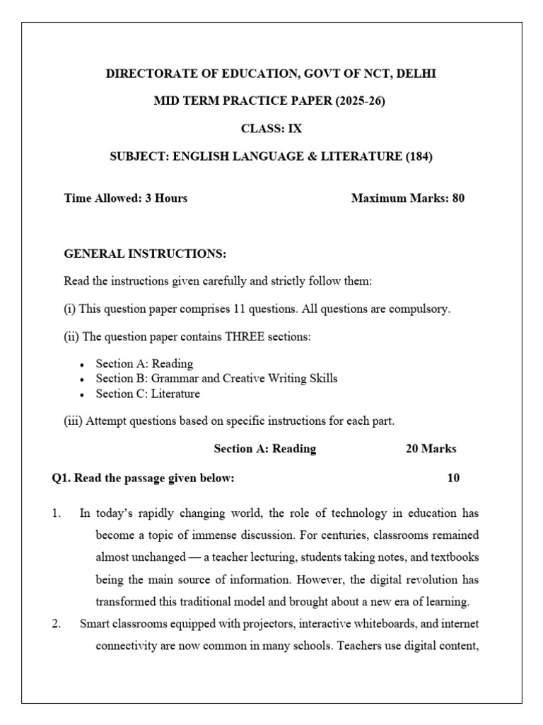 Class IX English Mid-Term Practice Paper | PDF | Plastic | Educational ...