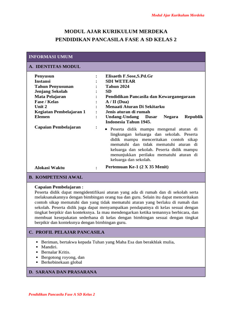 1. Modul Ajar PPKn Kelas 2 - BAB 2 | PDF