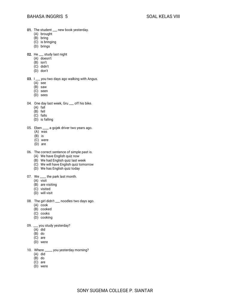 Soal Simple Past Tense Kelas 8 | PDF