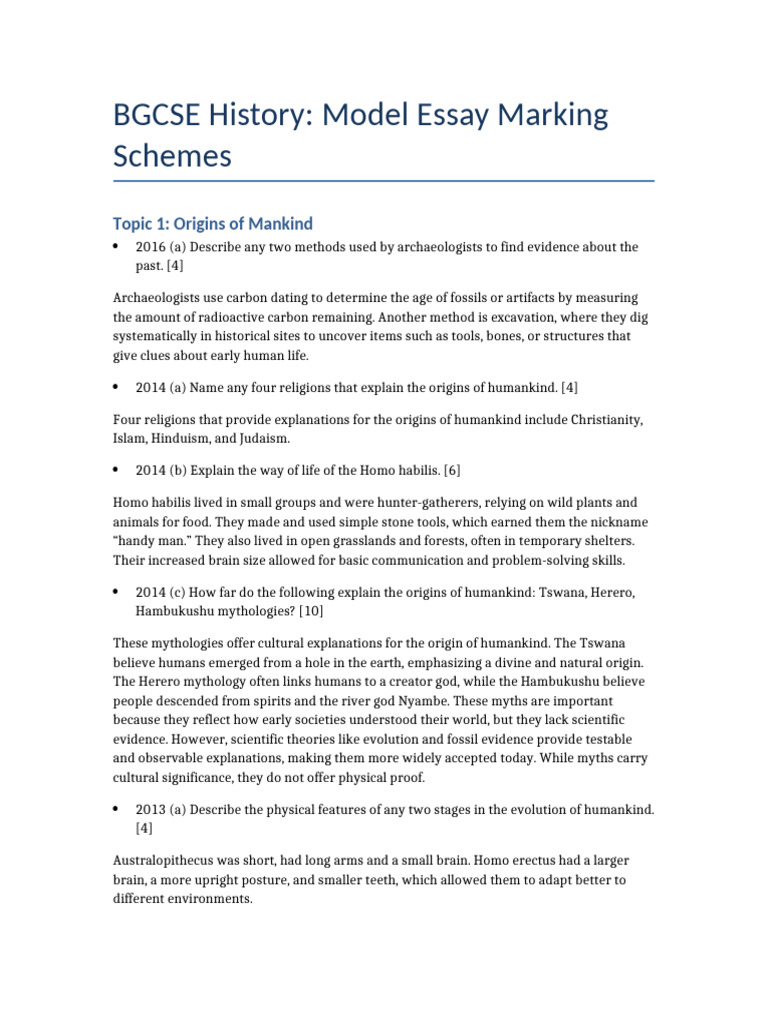 BGCSE History Topic1 Origins of Mankind Marking Schemes | PDF | Evolution | Human