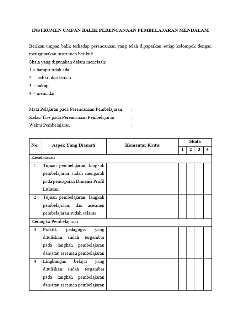 Template Instrumen Umpan Balik Perencanaan Pembelajaran Mendalam | PDF