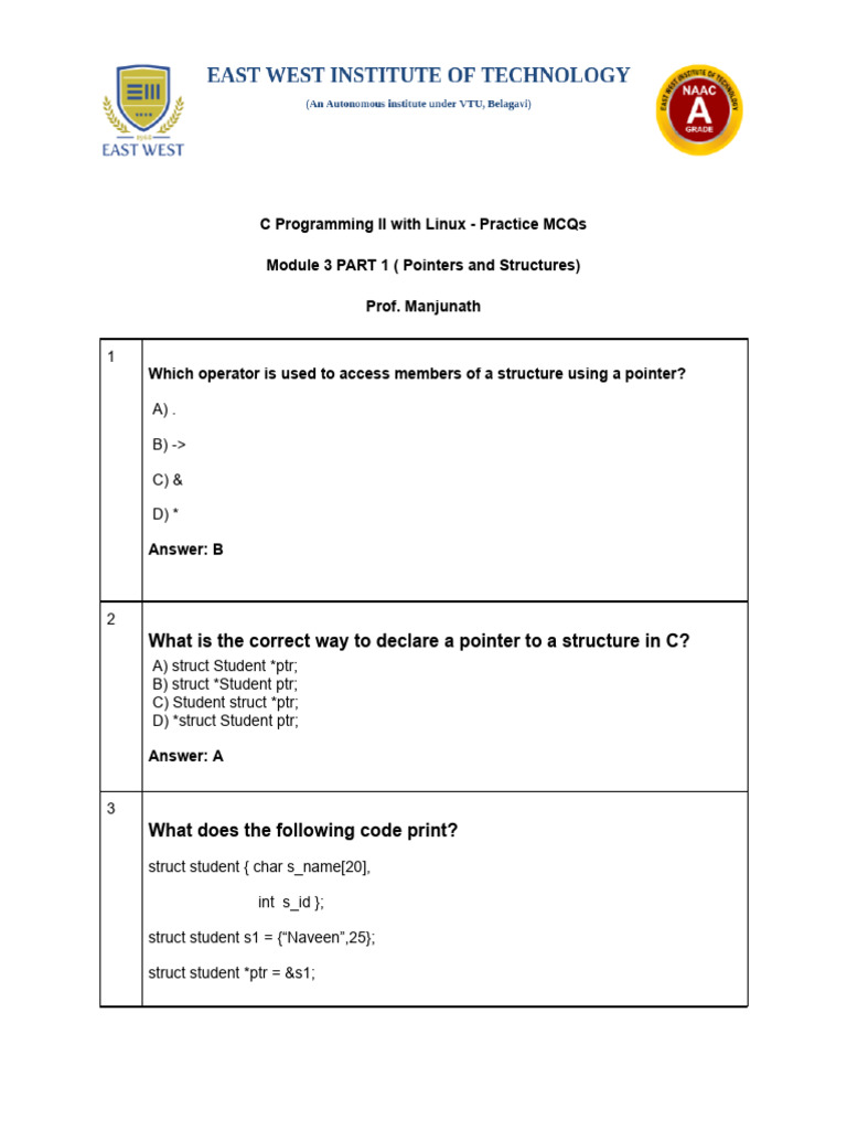 Module 3 MCQ CPII Part 1 (Pointers and Structures) | PDF | Pointer (Computer Programming ...