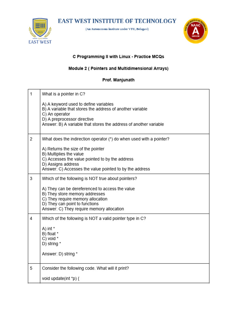 Module 2 Mcq Cpii | PDF | Pointer (Computer Programming) | Integer (Computer Science)