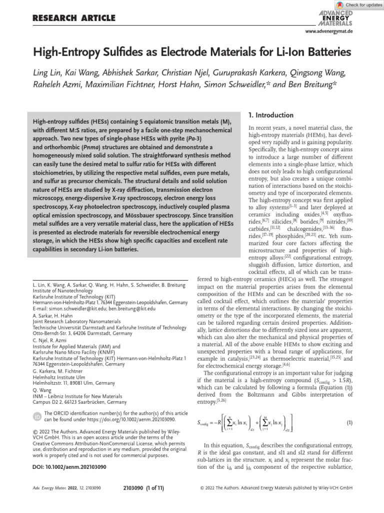 Advanced Energy Materials - 2022 - Lin - High‐Entropy Sulfides as ...