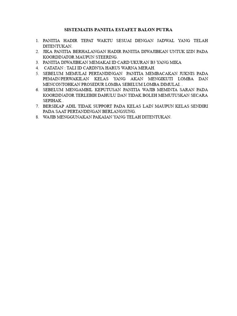 Sistematis Panitia Estafet Balon Putra | PDF