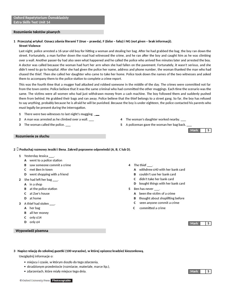 Oxford Repetytorium Osmoklasisty Unit 14 Extra Skills Test | PDF ...