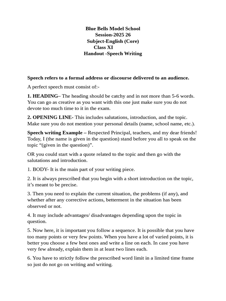 Speech Writing Guide for Class XI | PDF | Psychological Concepts ...