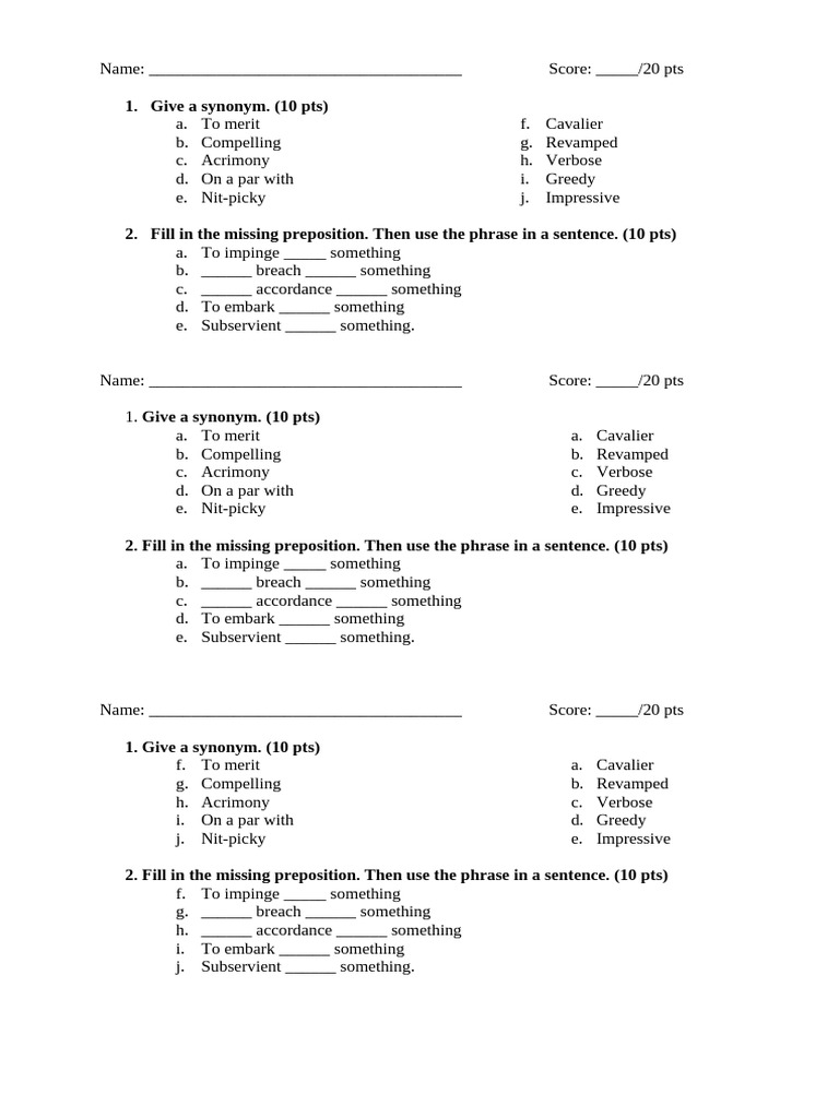Synonyms and Prepositions Practice Worksheet | PDF