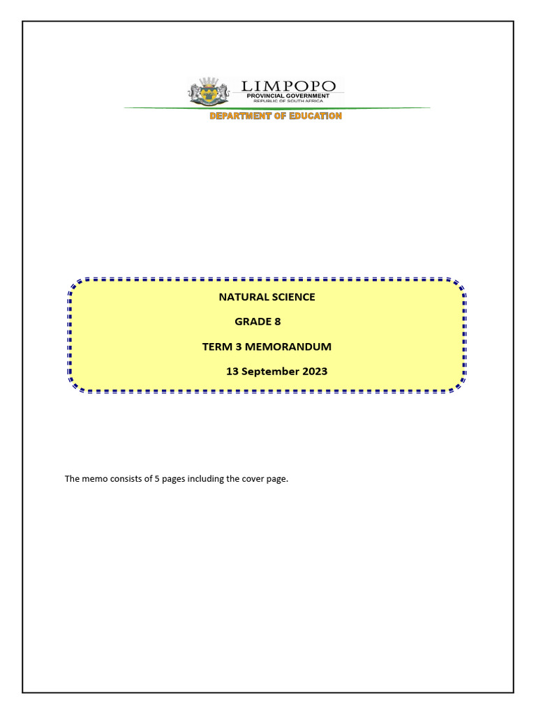 Grade 8 Term3 MEMO 2023 | PDF | Memorandum | Reflection (Physics)