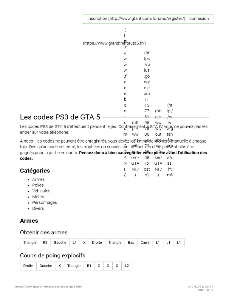 Codes de triche GTA 5 sur PS3 | PDF