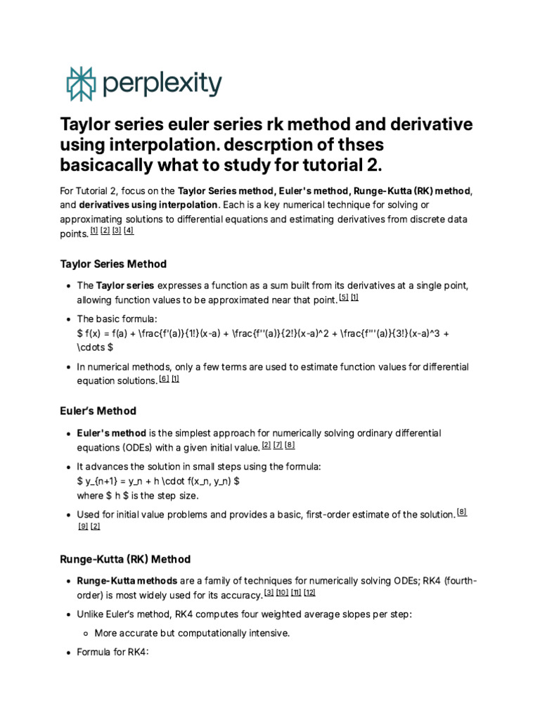 Taylor Series Euler Series RK Method and Derivativ | PDF | Numerical ...
