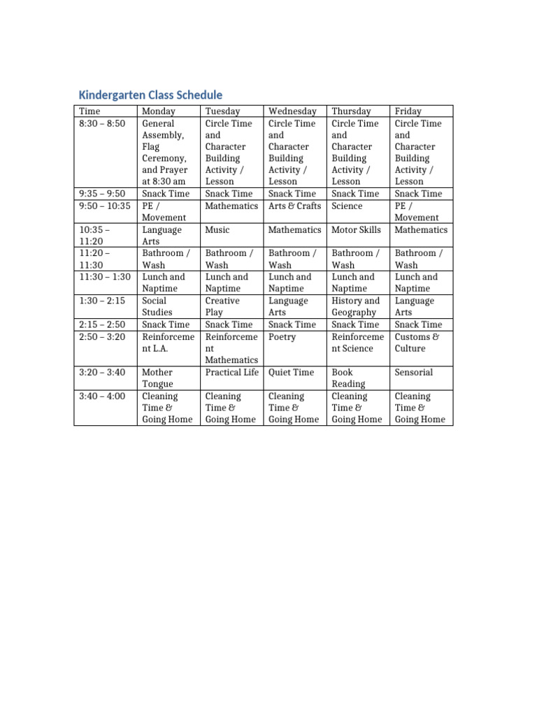 Kindergarten Weekly Class Schedule | PDF
