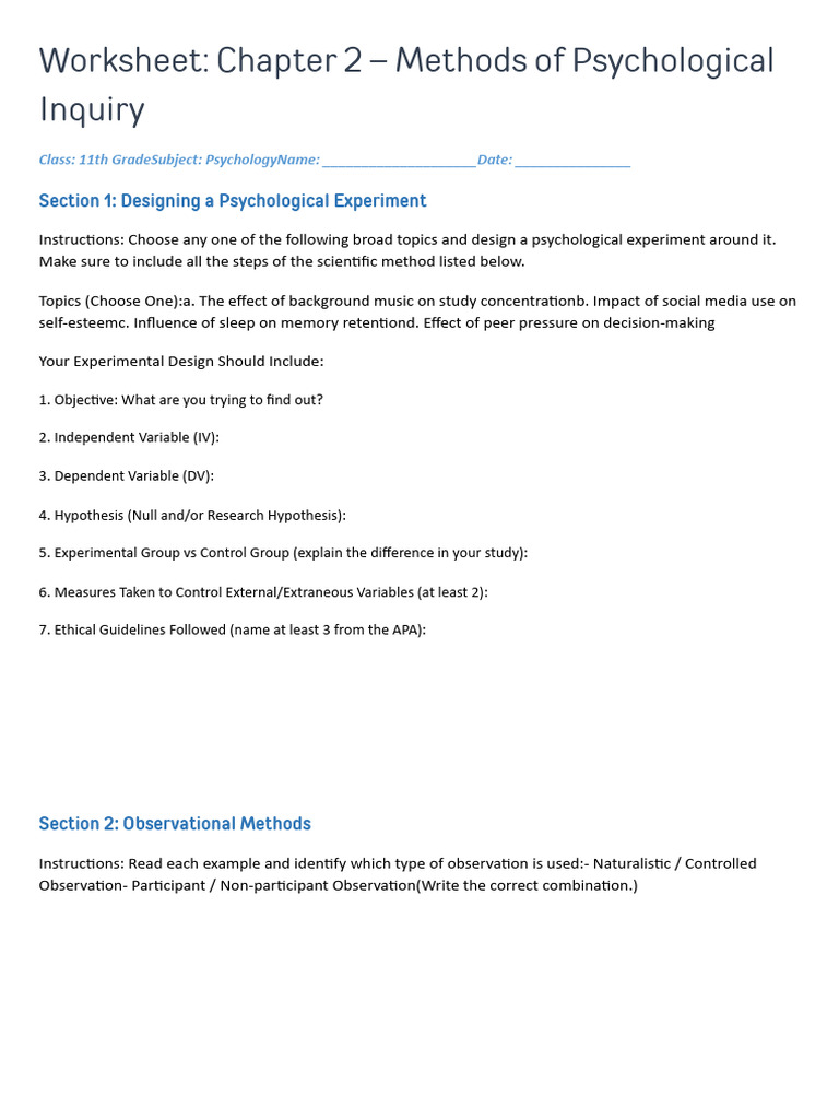 Psychological Inquiry Methods Worksheet | PDF | Psychology | Experiment