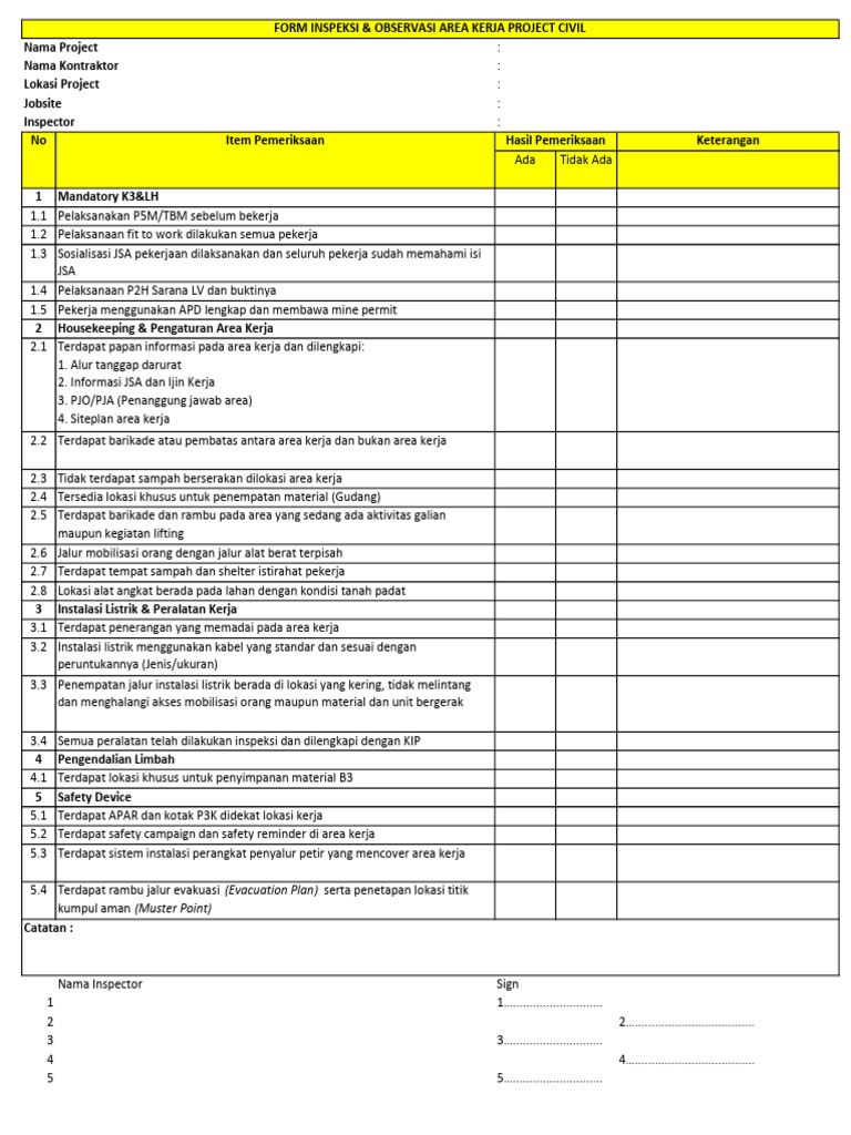 Form Inspeksi & Observasi Area Kerja Project Civil | PDF