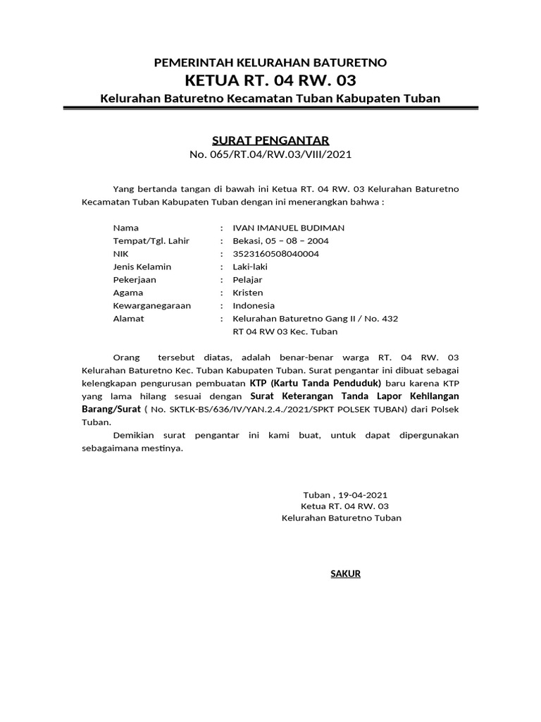 Surat Pengantar Pembuatan KTP Dari RT-RW | PDF