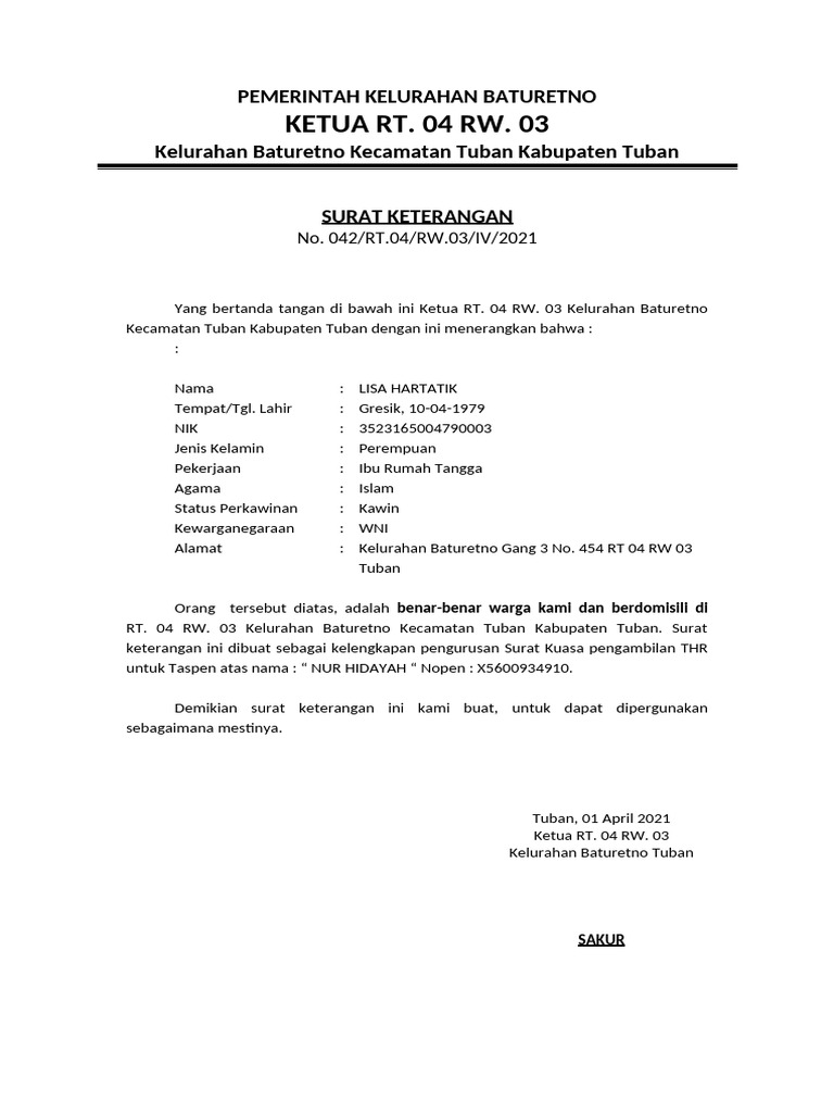 Surat Keterangan Warga RT 04 RW 03 | PDF