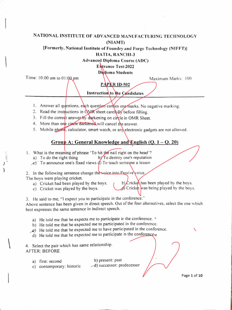 Advance Diploma Course Entrance Test Questions Paper | PDF | Steel | Alloy