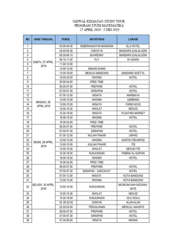 Jadwal Study Tour-1 | PDF