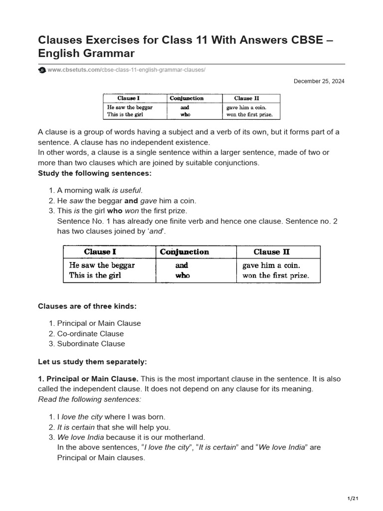 Clauses Exercises For Class 11 With Answers CBSE - English Grammar ...