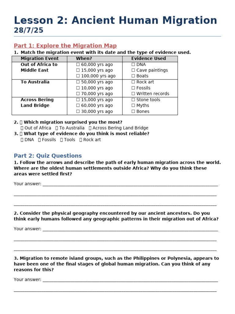 Early Human Migration Activities | PDF | Stone Age